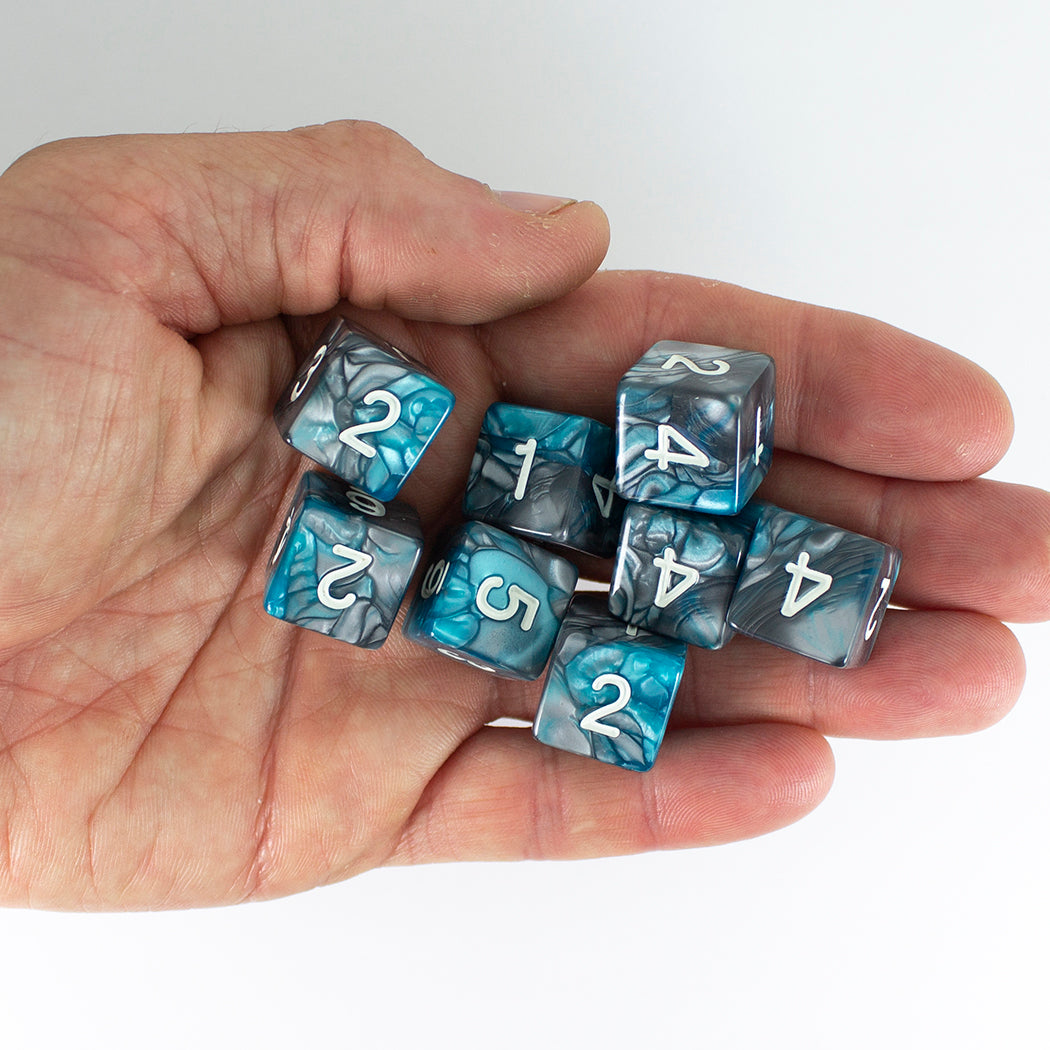 'Frostblade' Grey and Blue Marble 8 D6 Dice Set – Paladin Roleplaying